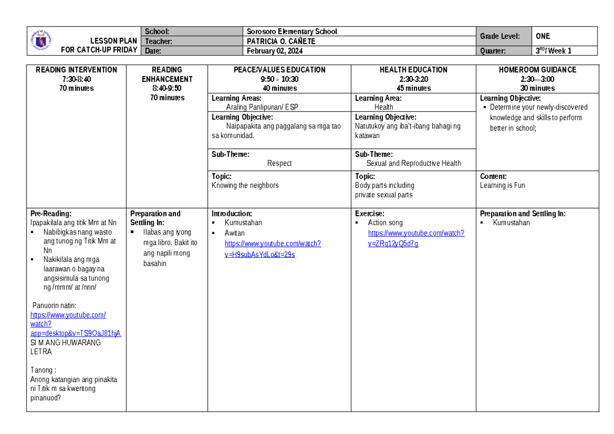 Q3 DLL Catch-UP- Friday-WEEK-1-1 - LESSON PLAN FOR CATCH-UP FRIDAY ...