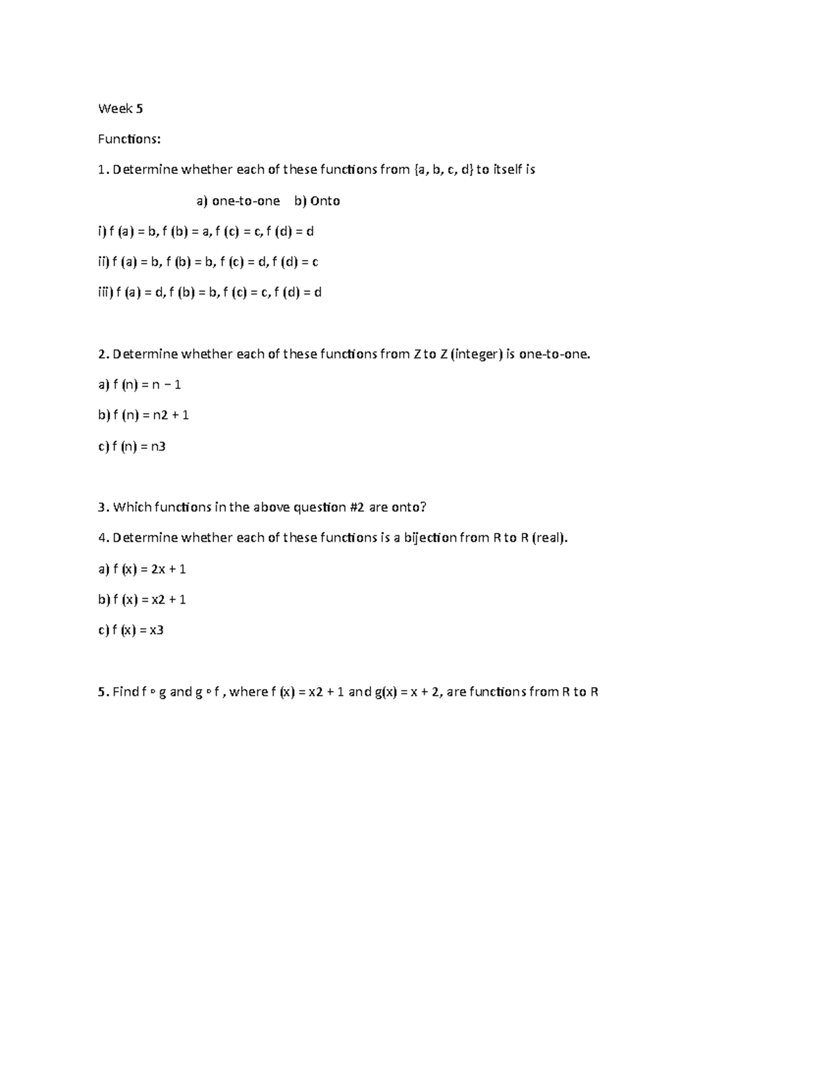 Exercise 5 Week 5 - DISCRETE MATHEMATICS - Week 5 Functions: Determine ...