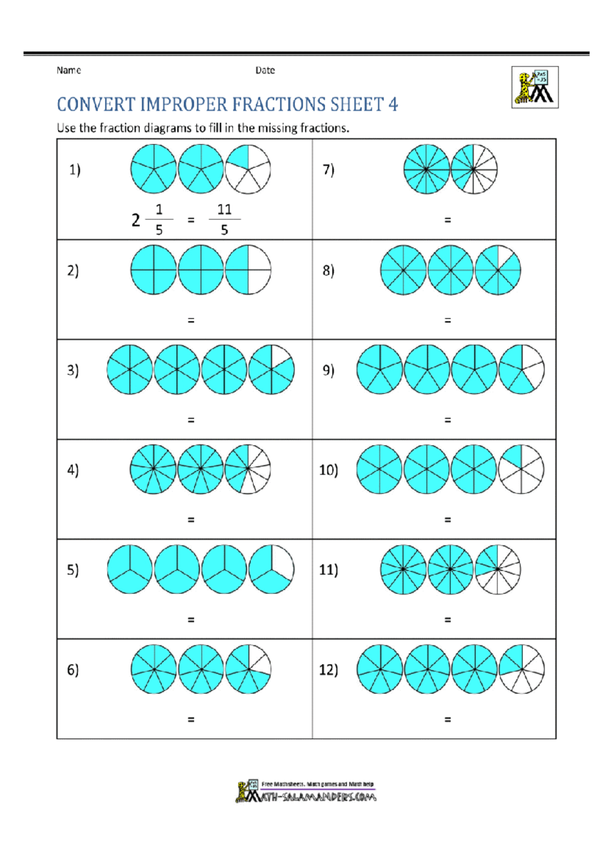 Fraction easy - Name Date CONVERT IMPROPER FRACTIONS SHEET 4 Use the ...