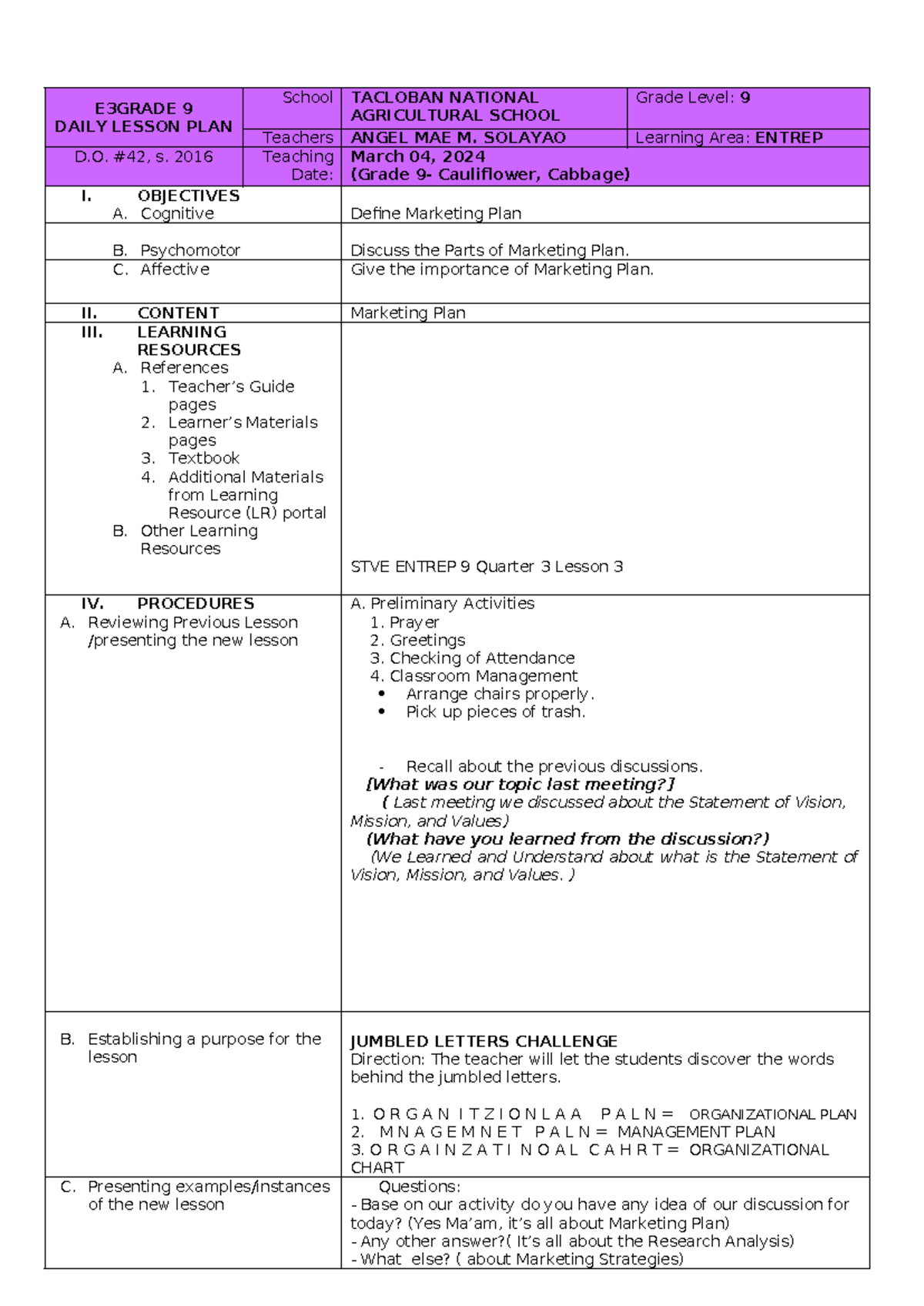 DLP Entrep ( Grade 9) - E3GRADE 9 DAILY LESSON PLAN School TACLOBAN ...