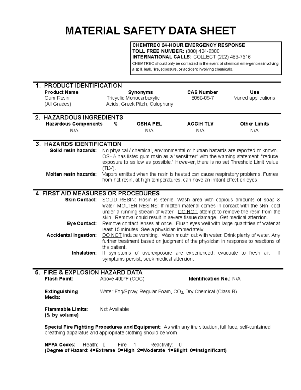 Material Safety Data Sheet, Gum Rosin, Greek Pitch - MATERIAL SAFETY ...