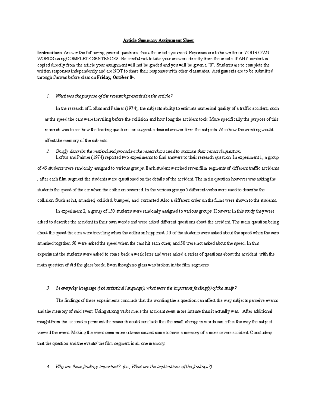 PSY 1400 Classwork - Article Summary Assignment Sheet Instructions ...