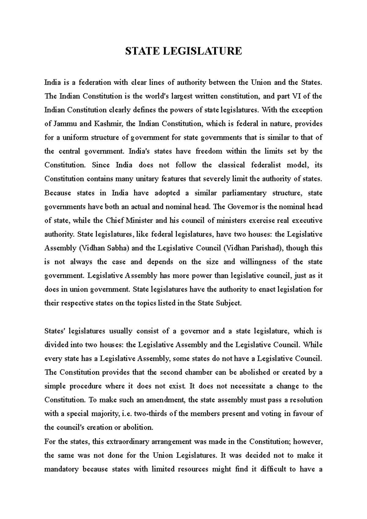 State Legislature - Lecture notes 3 - STATE LEGISLATURE India is a ...