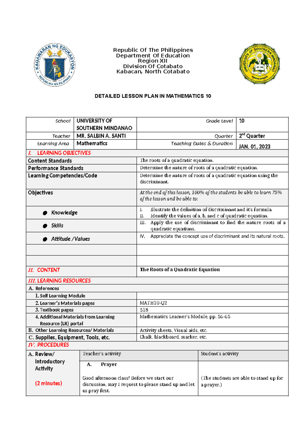 Salbin - Republic Of The Philippines Department Of Education Region XII ...
