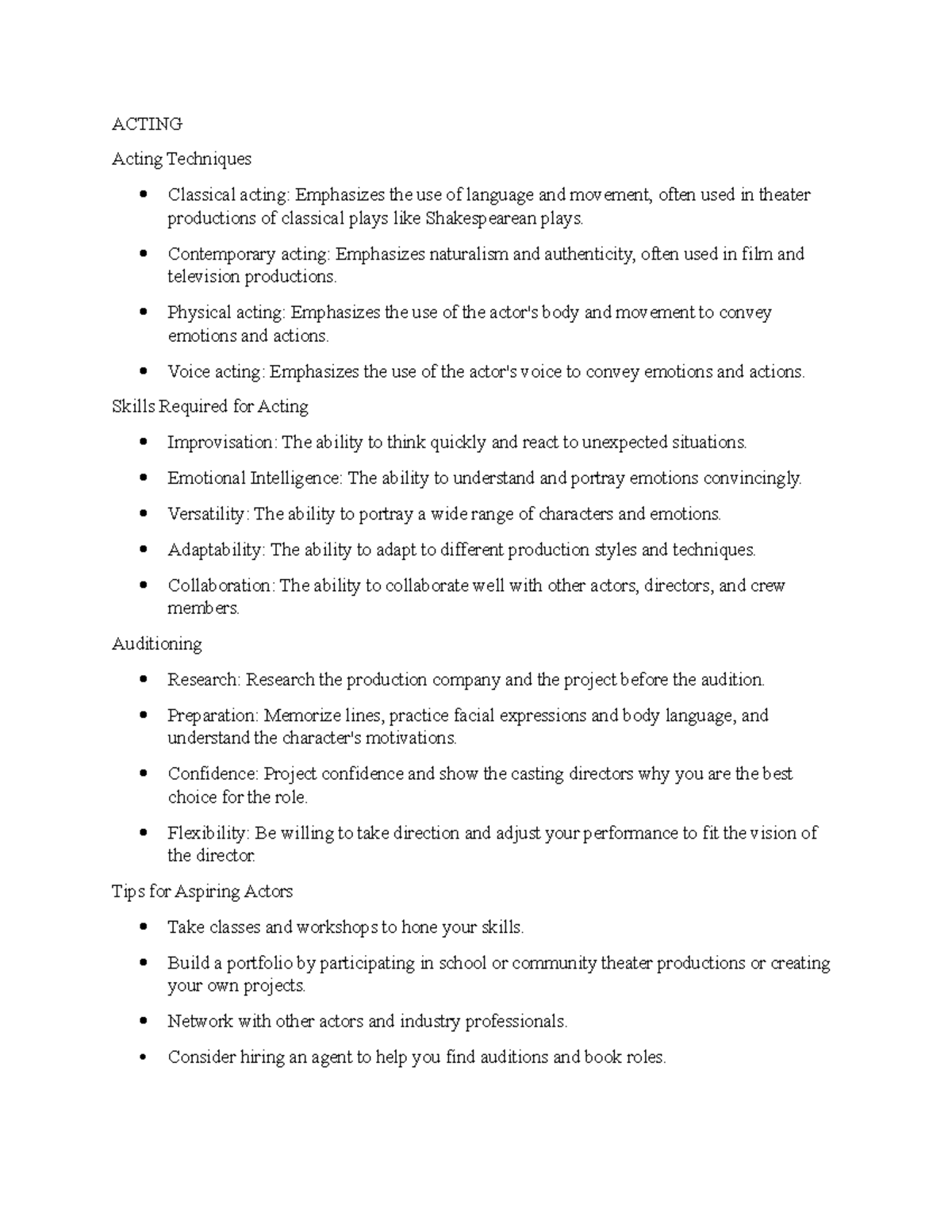 Acting Notes 3 - ACTING Acting Techniques Classical acting: Emphasizes ...
