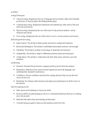 Acting Notes 1 - ACTING Acting is the art of performing a character or ...