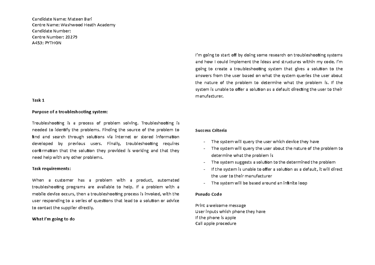 A453 Task 1 - Coursework A* - Candidate Name: Mateen Bari Centre Name ...