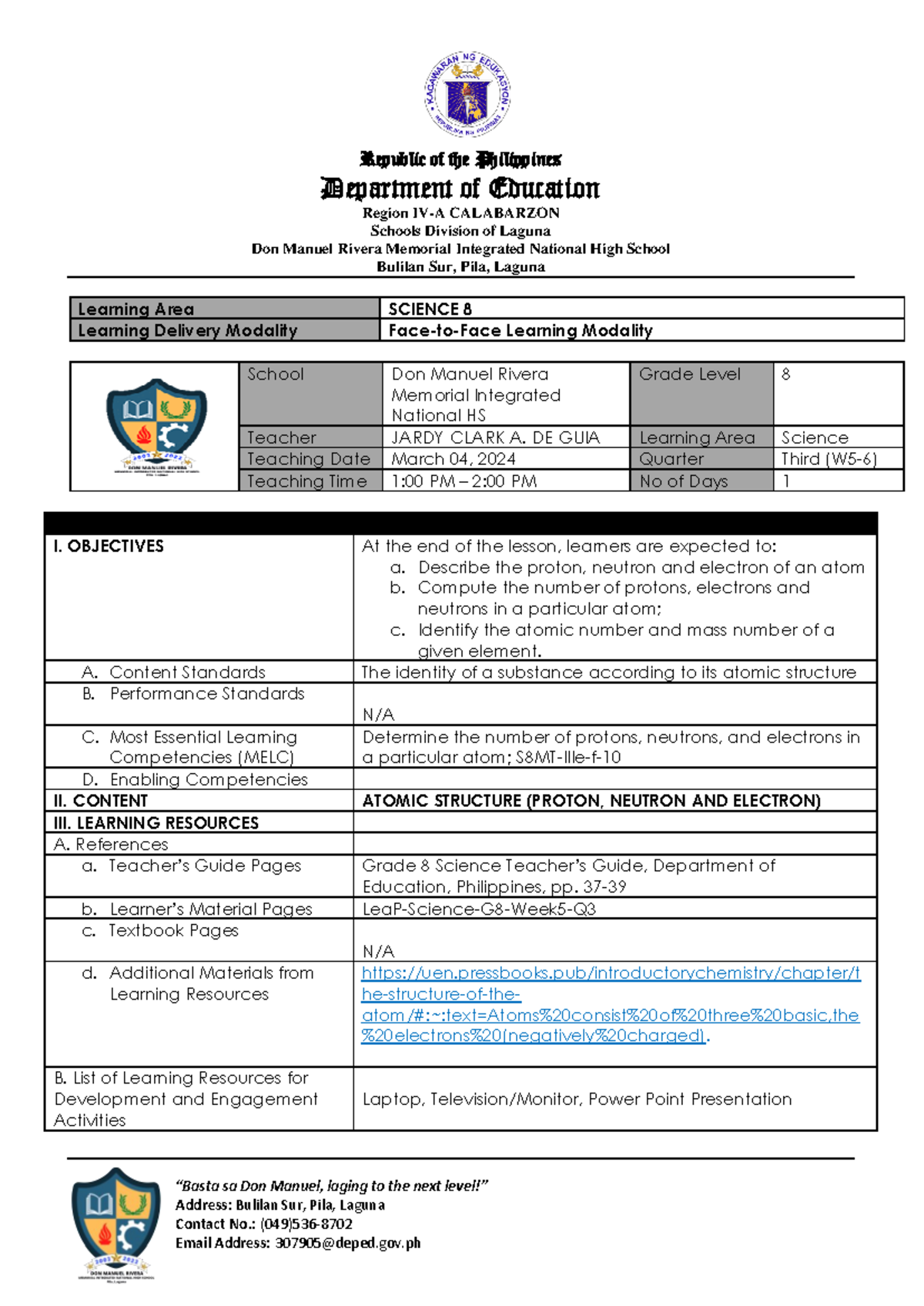 Grade 8 DLP Atomic Structure - Department of Education Region IV-A ...