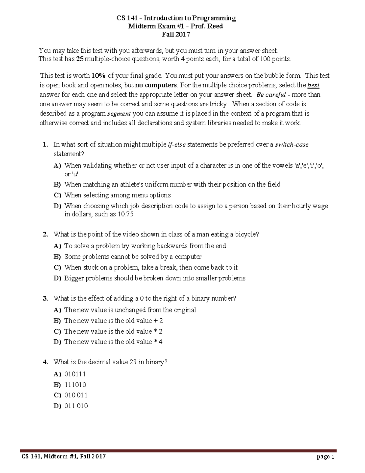 Midterm 1Fall17 - Previous exam that can serve as practice - CS 141 - Introduction to ...