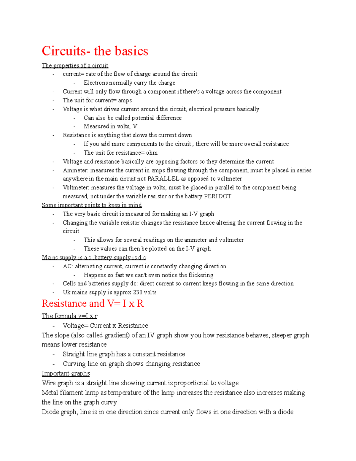 Physics Section 2 revision book notes - Circuits- the basics The ...