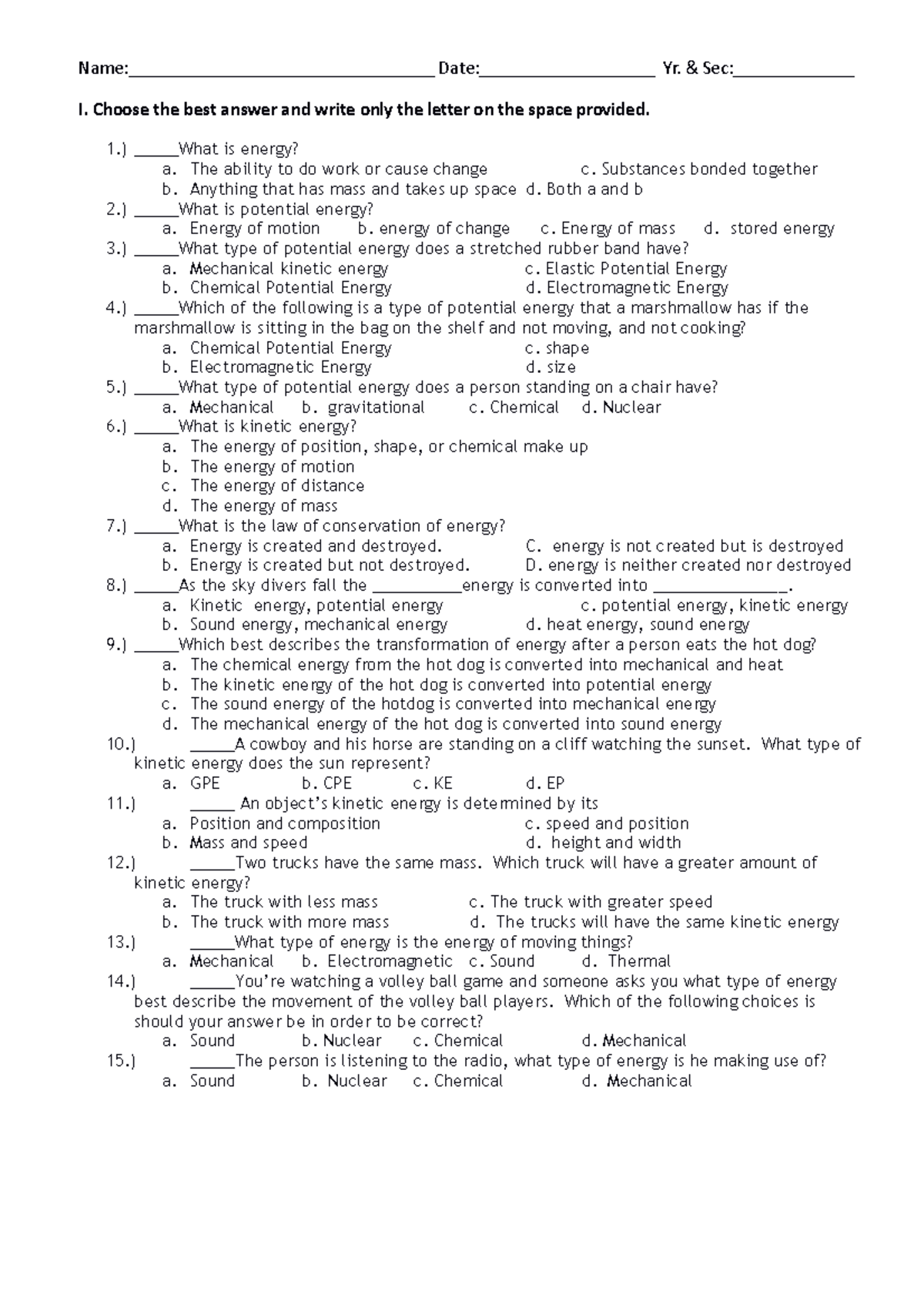 Conservation of Energy - Name:_________________________________ Date ...
