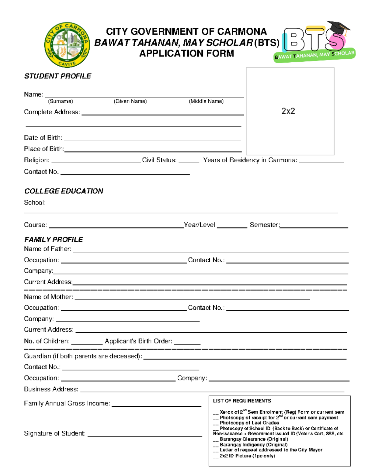 BTS- Application-FORM - STUDENT PROFILE CITY GOVERNMENT OF CARMONA ...