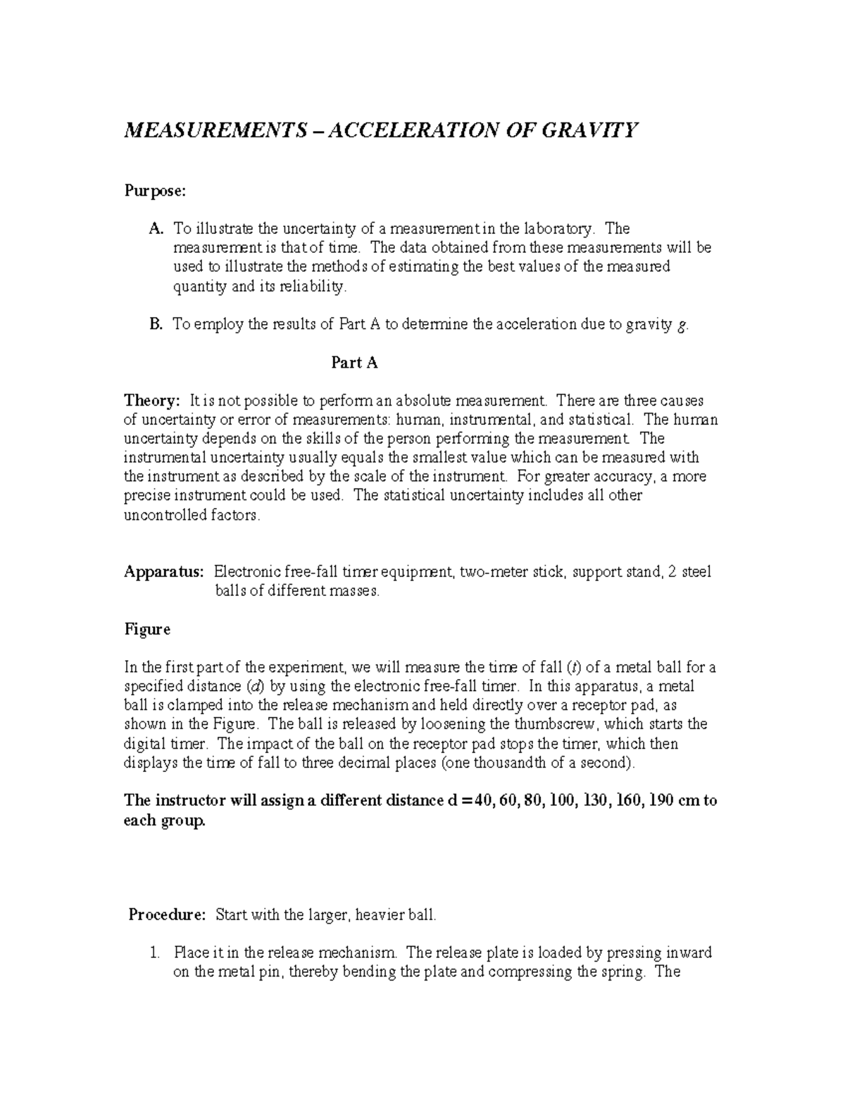 PHYS 1150 LAB 1 - Lab report completed - MEASUREMENTS – ACCELERATION OF ...