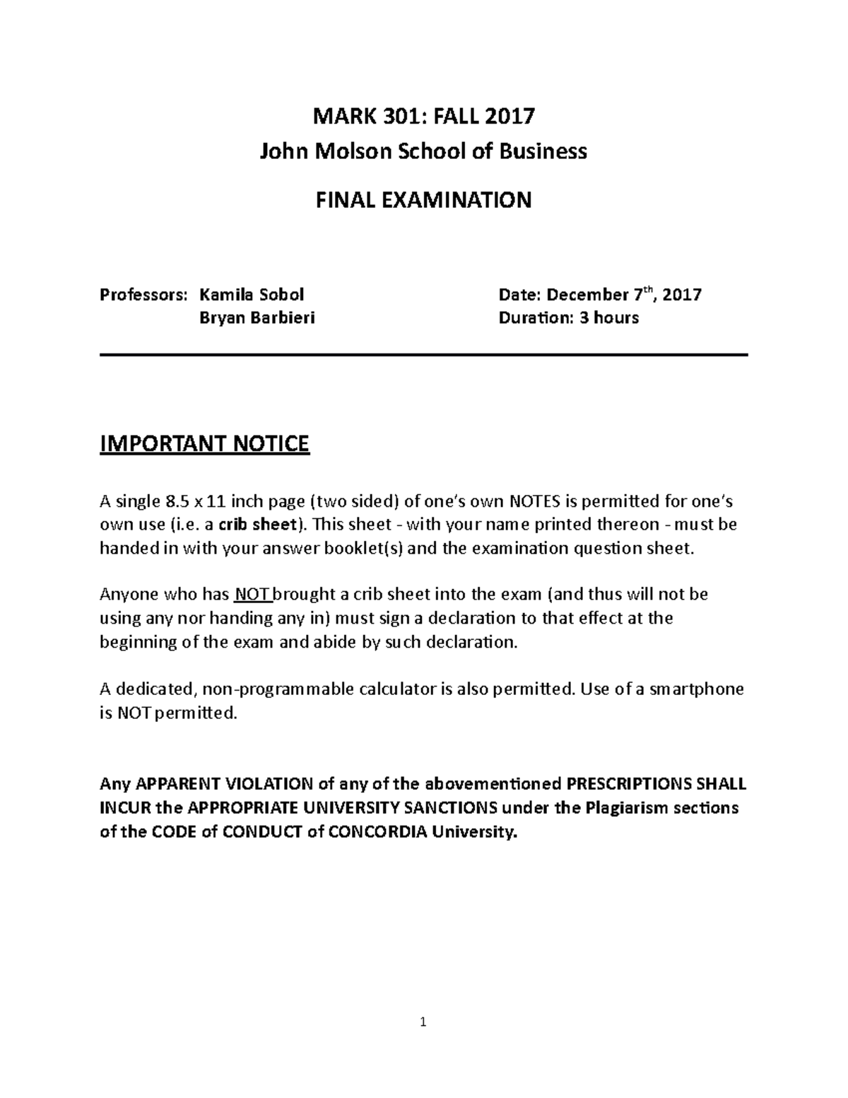 Sample final - MARK 301: FALL 2017 John Molson School of Business FINAL ...