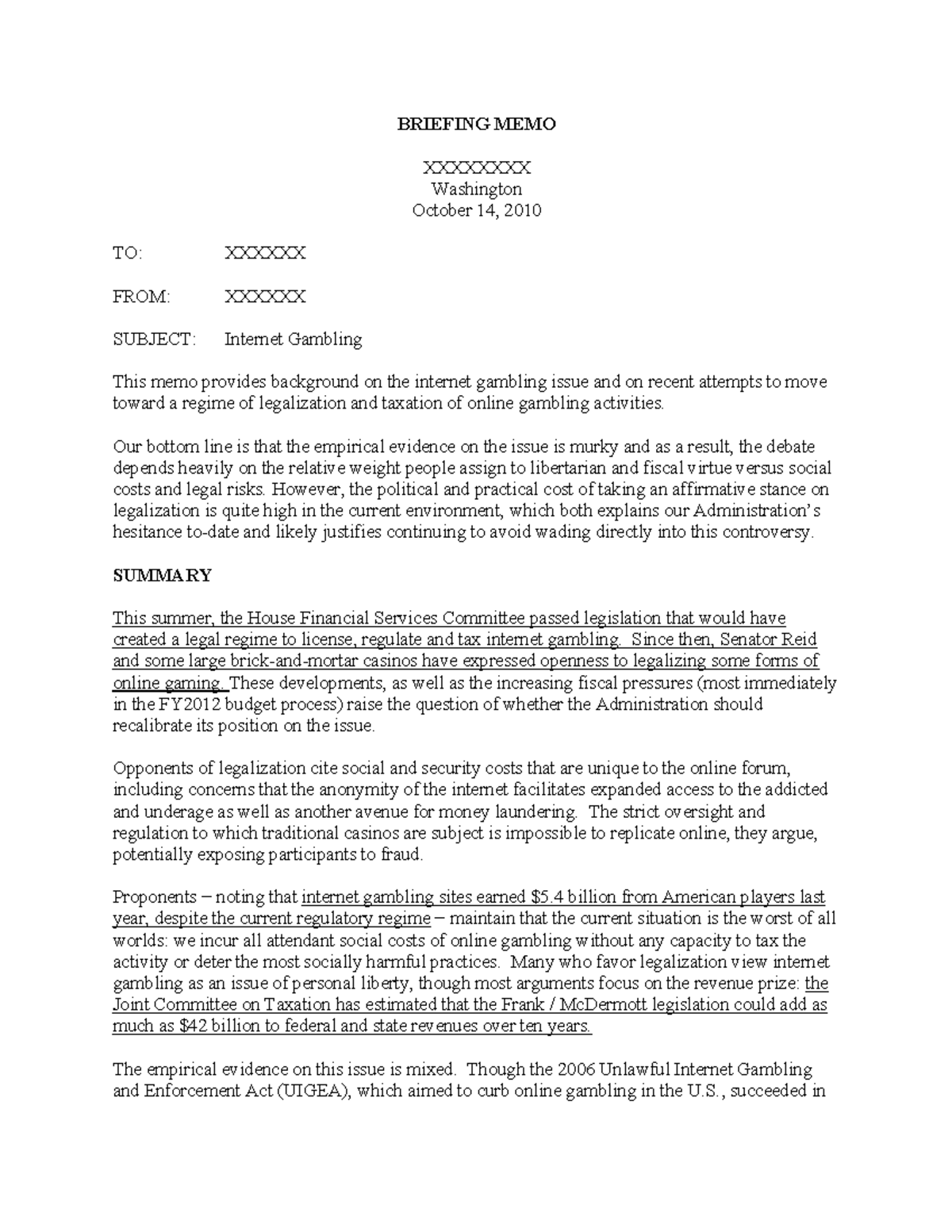 Sample Memo #2 - BRIEFING MEMO XXXXXXXX Washington October 14, 2010 TO ...