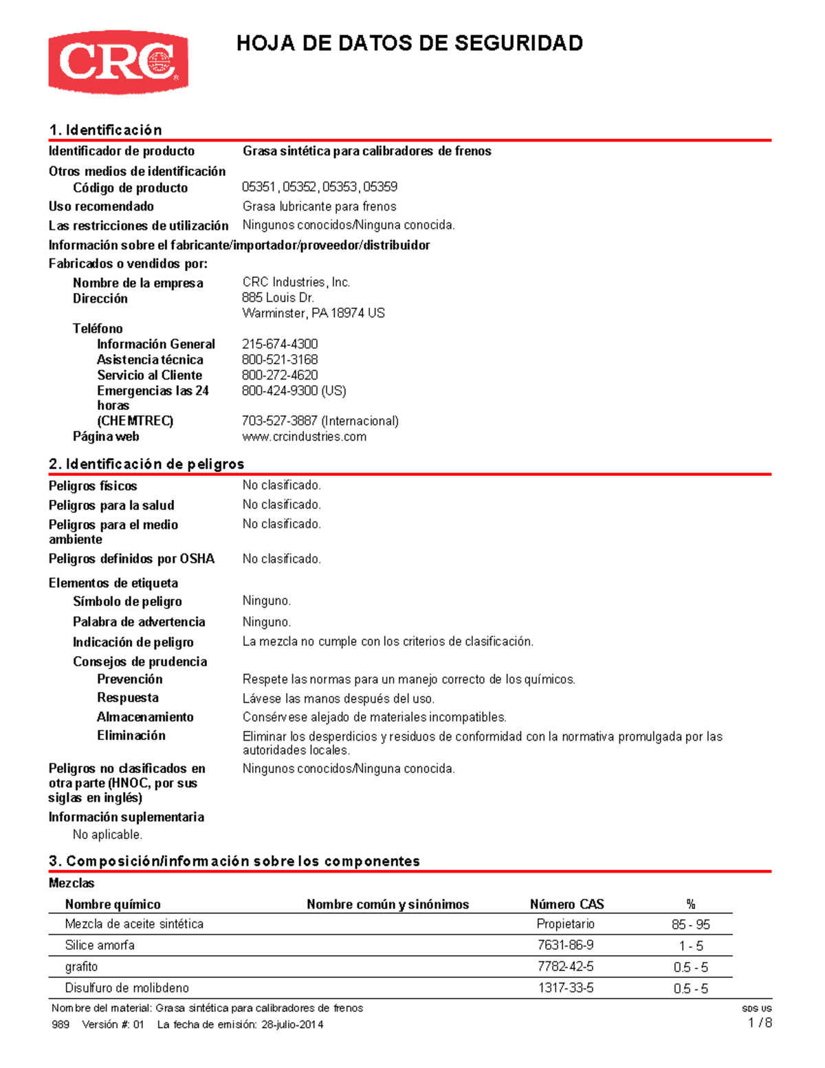 HOJA DE Seguridad Grasa Sintetica - HOJA DE DATOS DE SEGURIDAD 1 ...