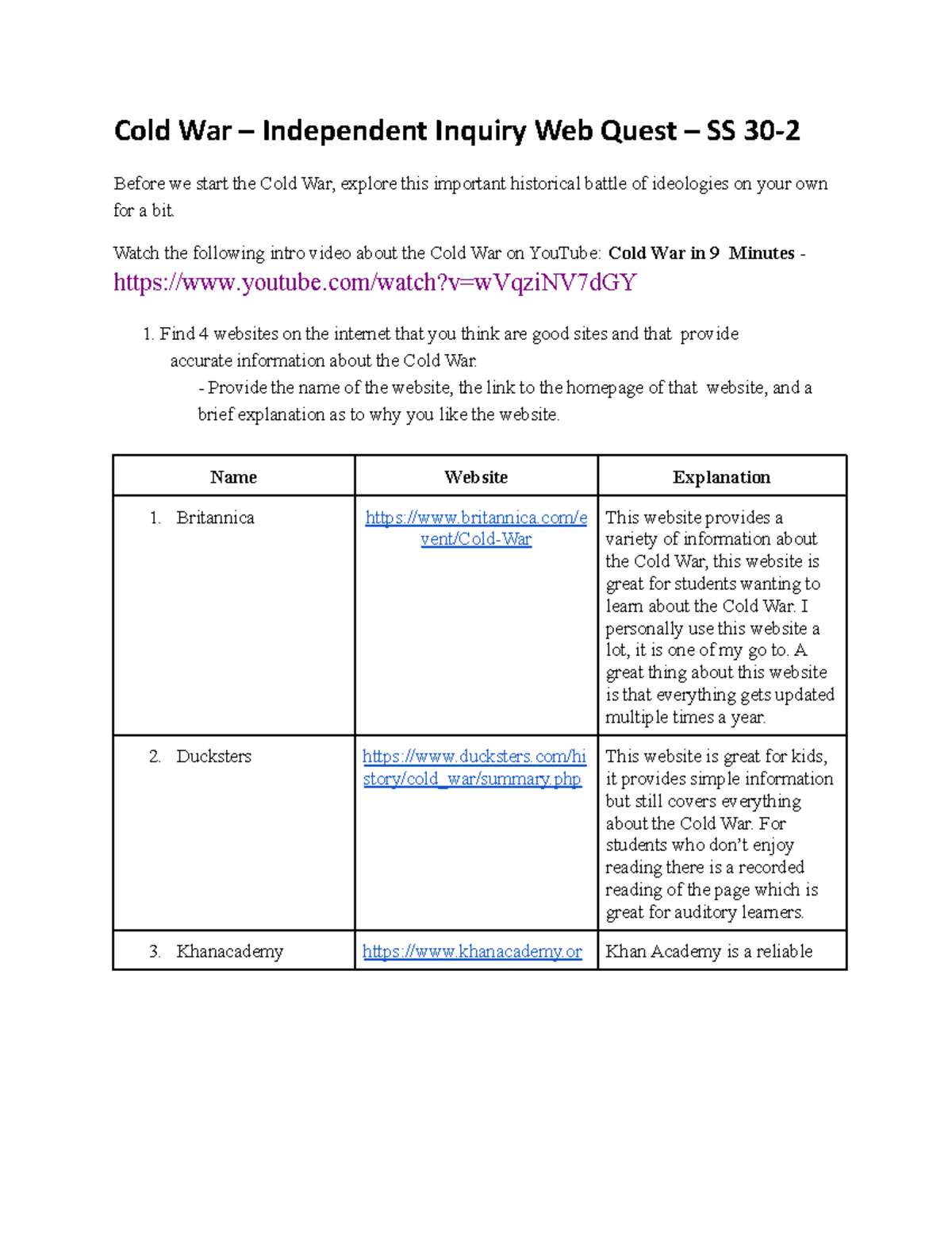 Cold War intro activity SS 30-2 - 1 - Cold War – Independent Inquiry ...