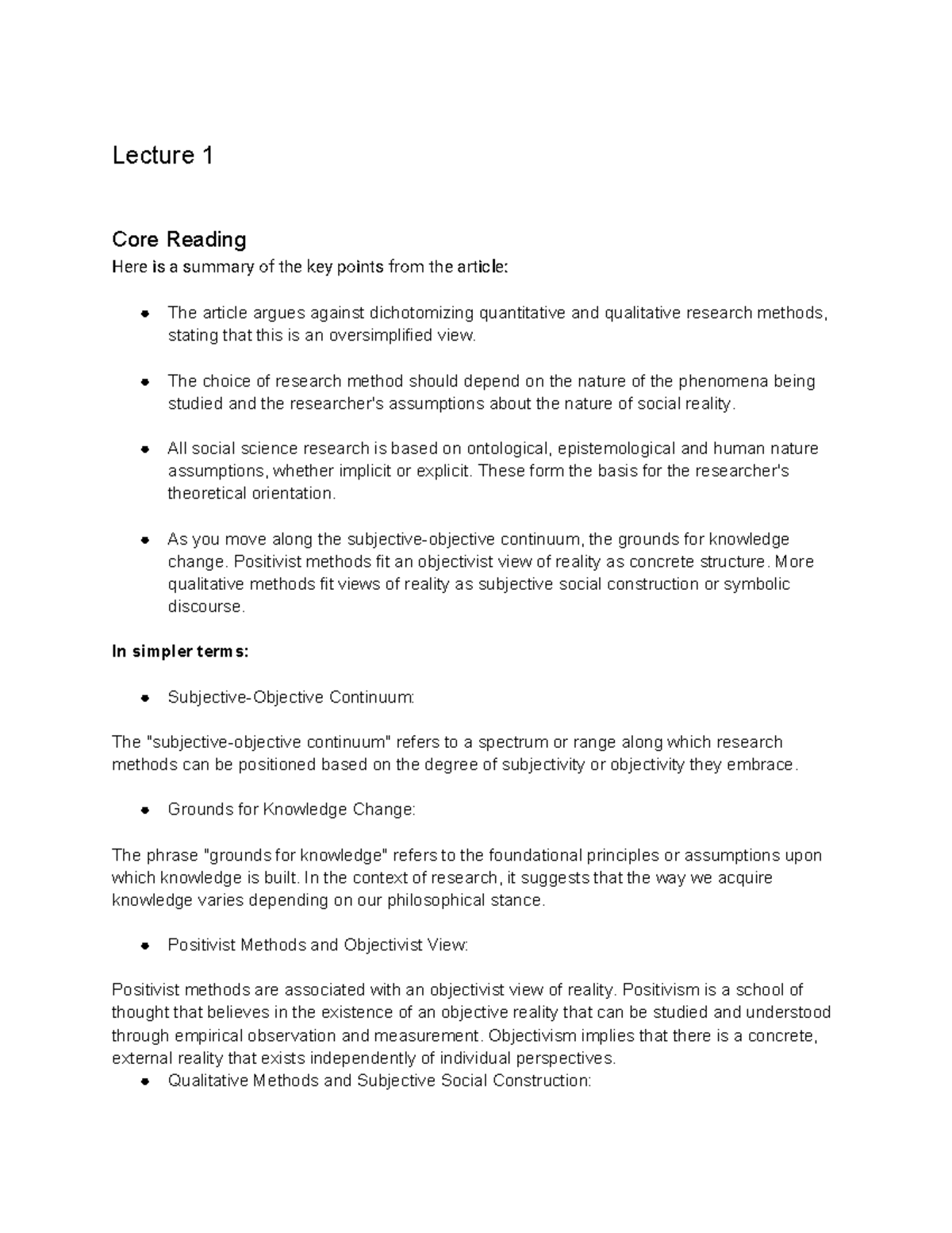 Qualitative Lecture 1 summary - Lecture 1 Core Reading Here is a summary of the key points from ...