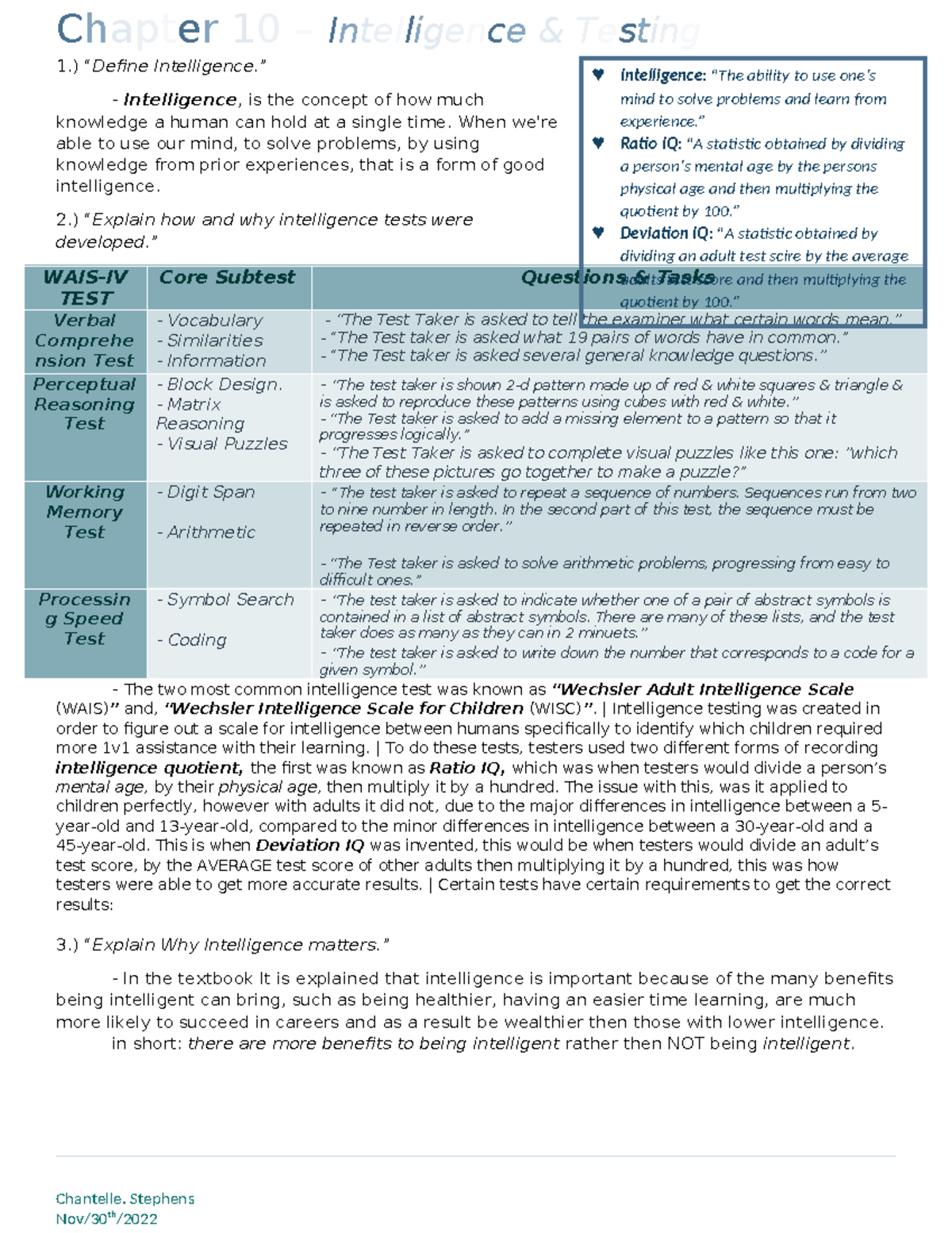 Chapter 10 - Intelligence & Testing - 1.) “Define Intelligence ...