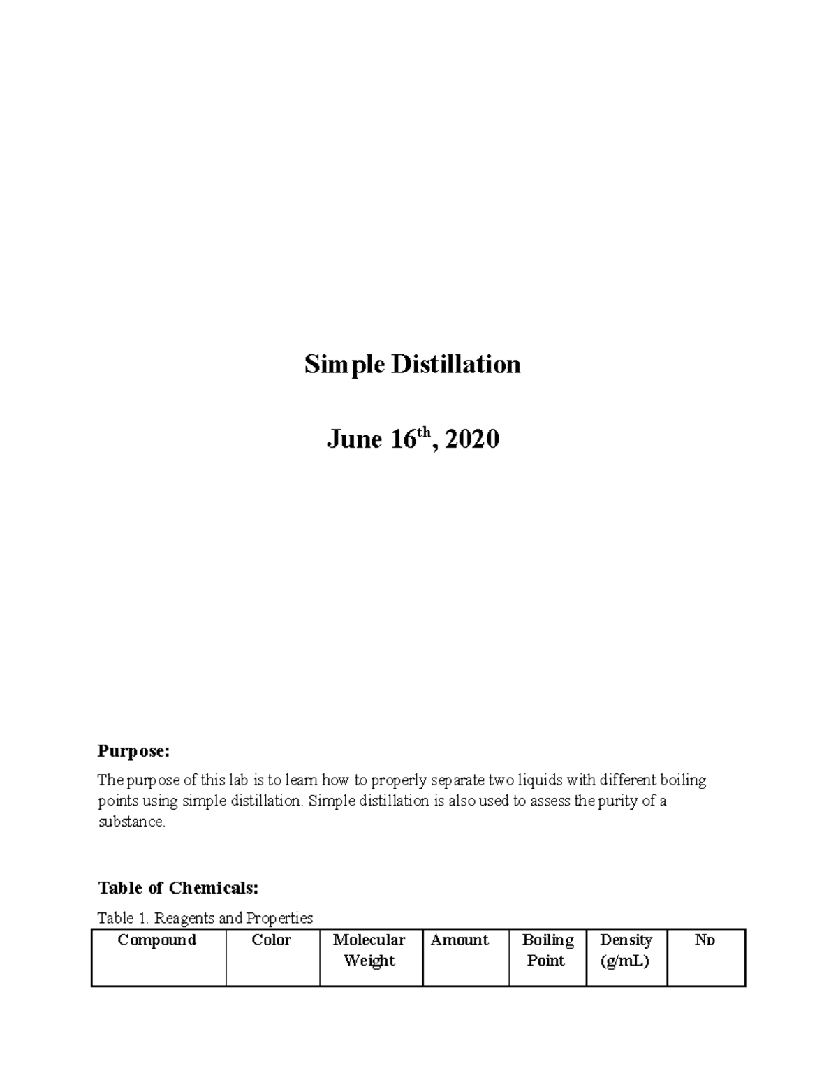 Simple Distillation - lab report - Simple Distillation June 16 th ...