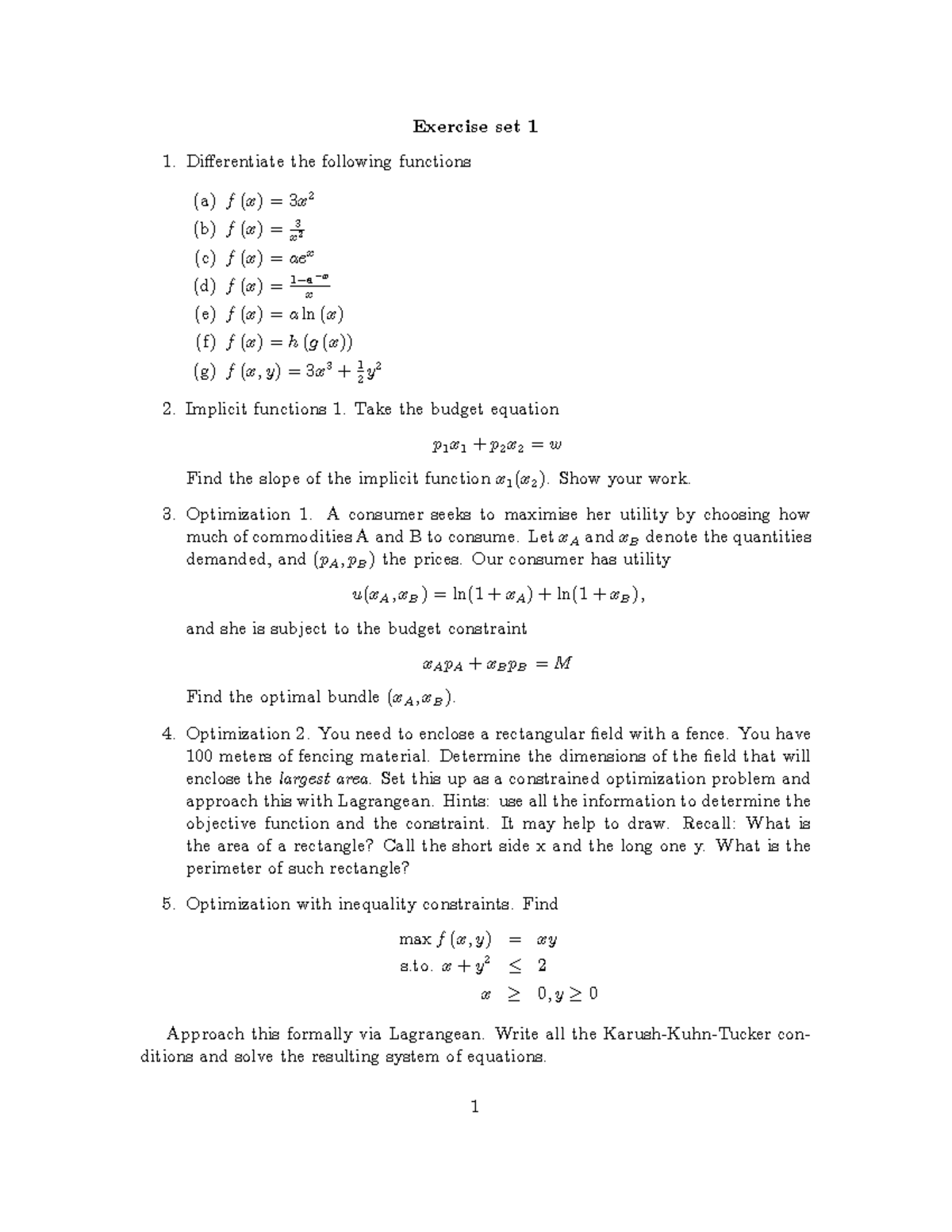 Set 1 - problem set - Exercise set 1 Di§erentiate the following ...