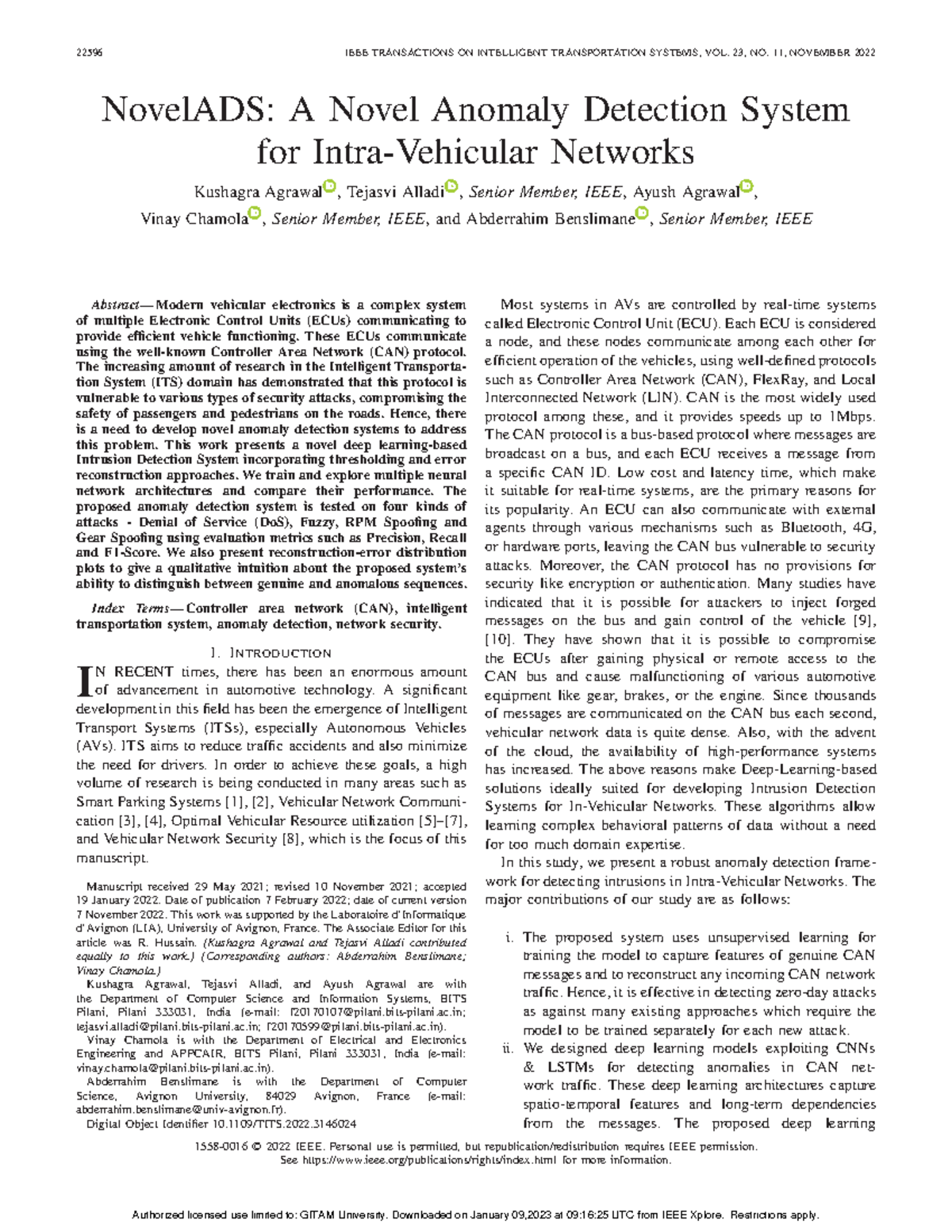 Novel Ads A Novel Anomaly Detection System For Intra Vehicular Networks