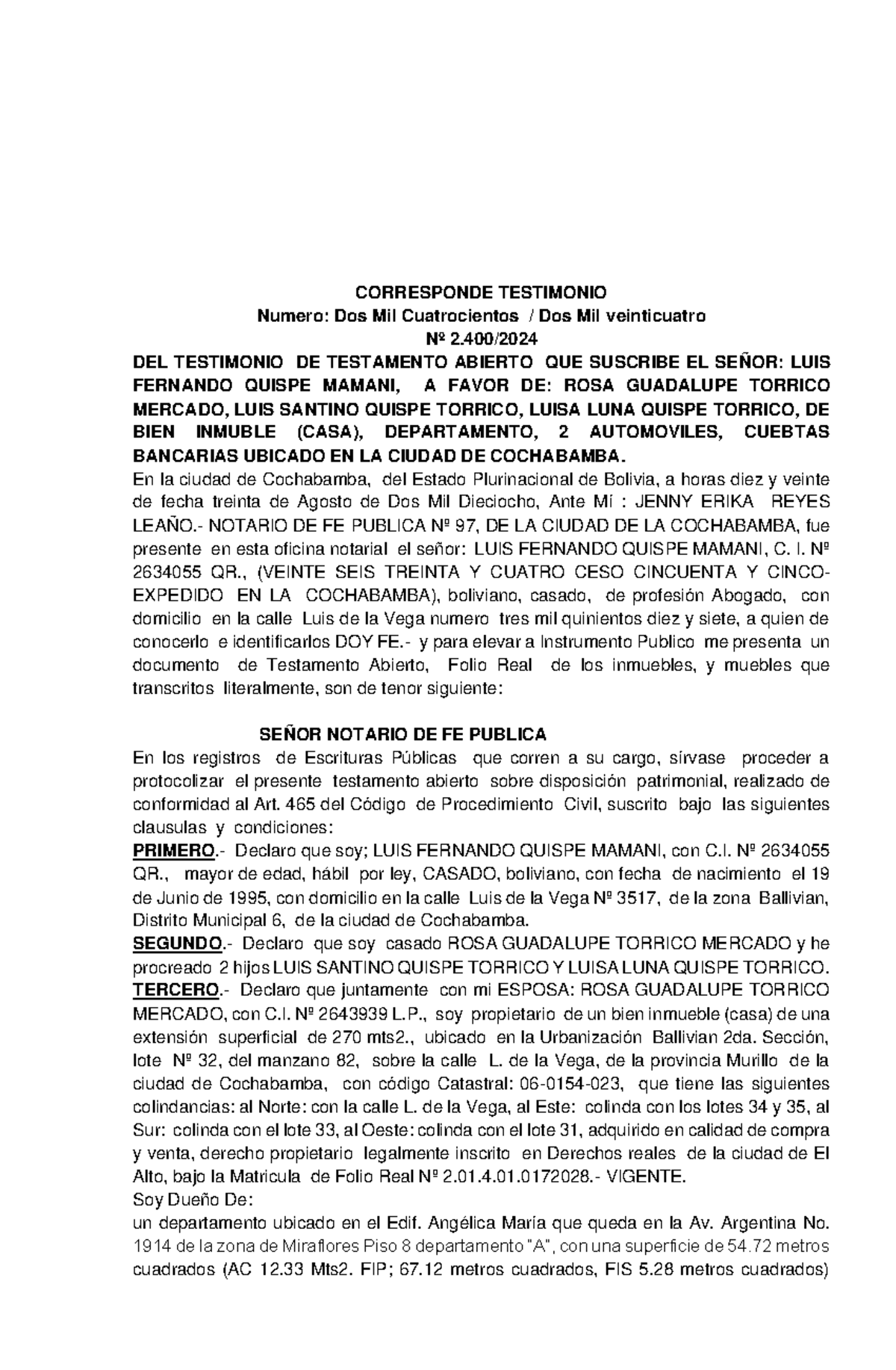 Testamento LUIS G - Apuntes - CORRESPONDE TESTIMONIO Numero: Dos Mil ...