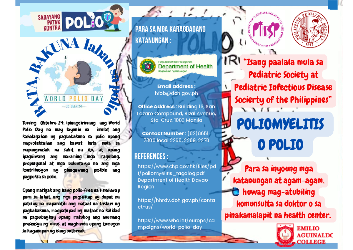 CHN Brochure Poliomyelitis - REFERENCES : POLIOMYELITIS O POLIO chp.gov/files/pd - Studocu