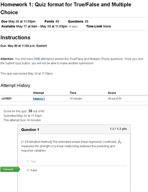 HW 1 Quiz - t/f format - Homework 1: Quiz format for True/False and ...