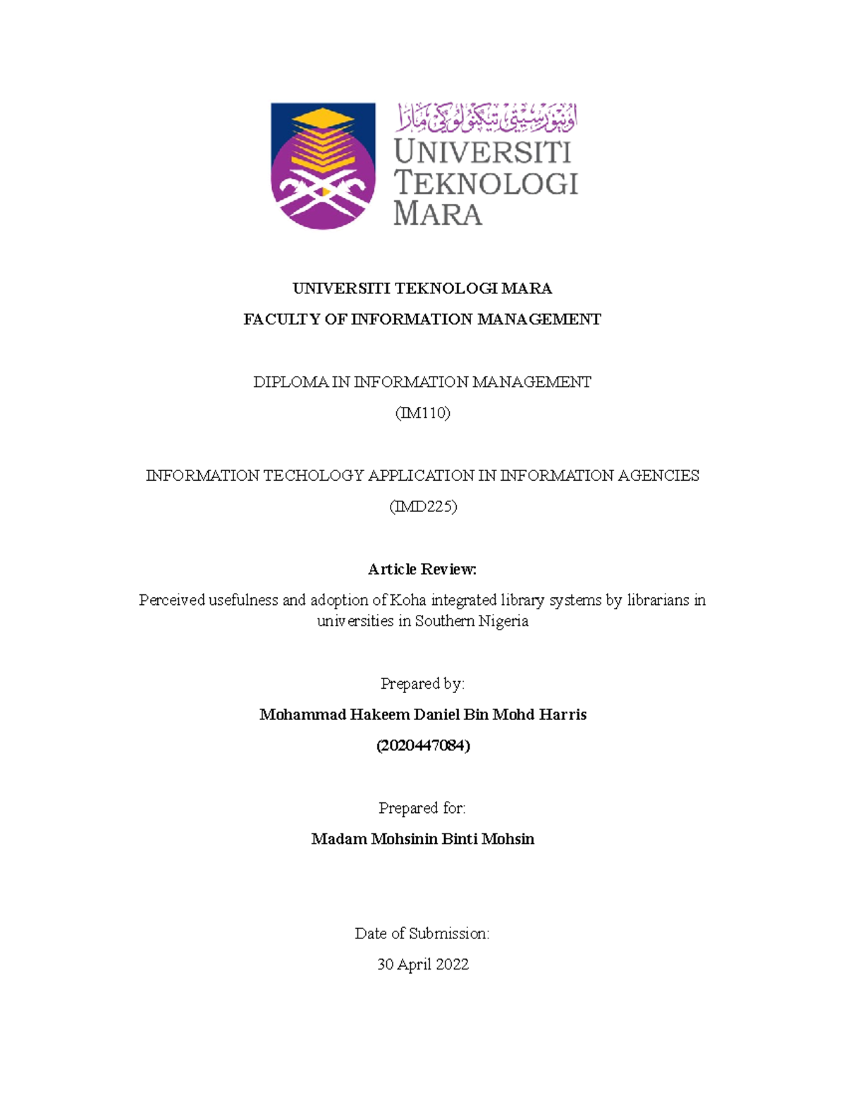Assignment Individual 225 - UNIVERSITI TEKNOLOGI MARA FACULTY OF ...
