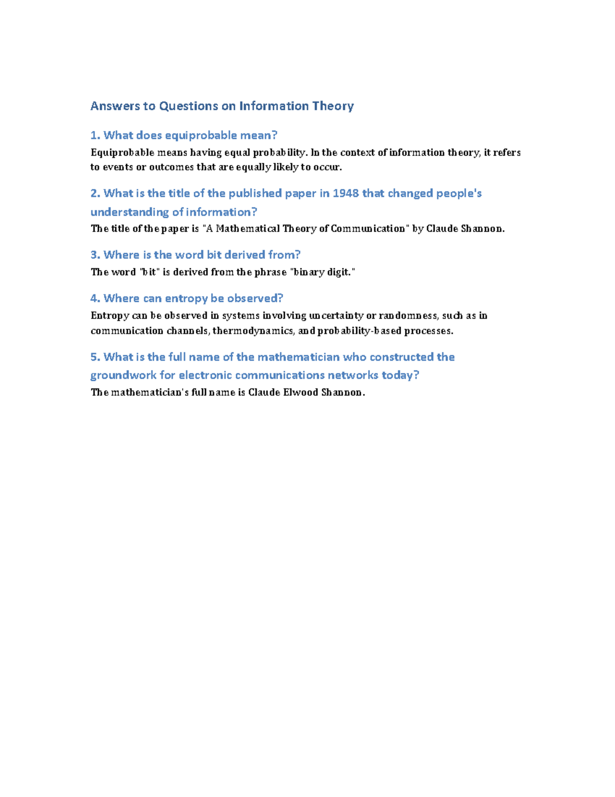 QUIZ ON POC - QUIZ - Answers to Questions on Information Theory 1. What ...