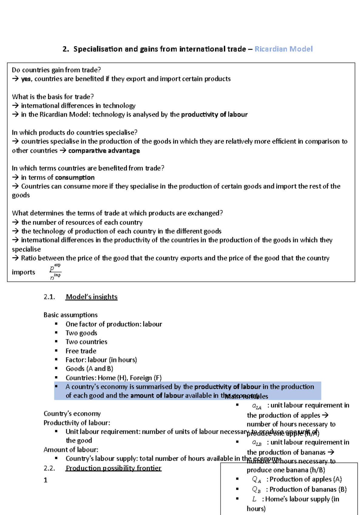 Specialisation and gains from international trade-Ricardian Model ...