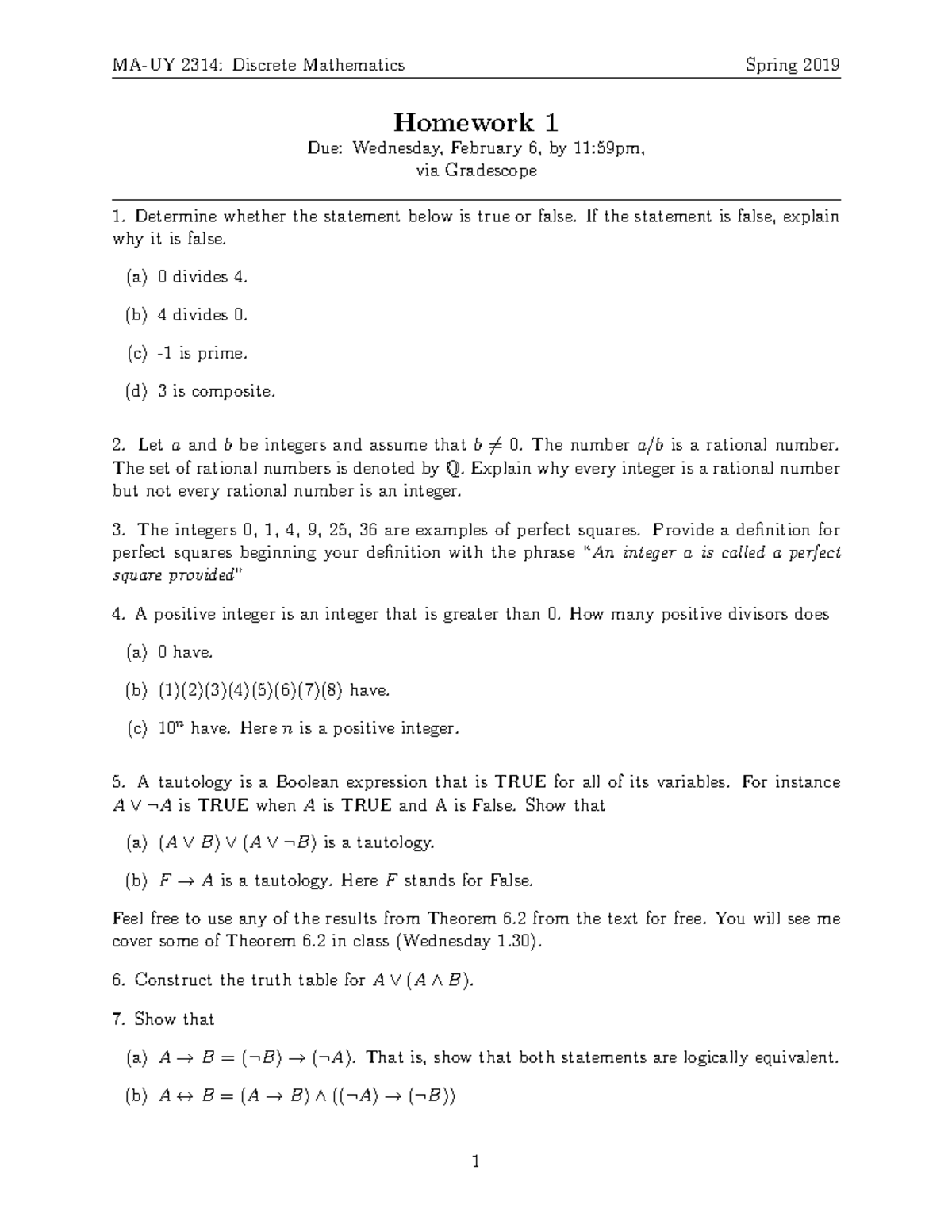 Discrete homework 1 spring 2019 - MA-UY 2314: Discrete Mathematics ...