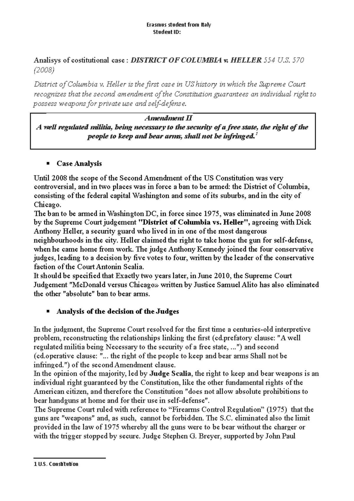 Analisys of costitutional case : DISTRICT OF COLUMBIA v. HELLER 554 U.S ...
