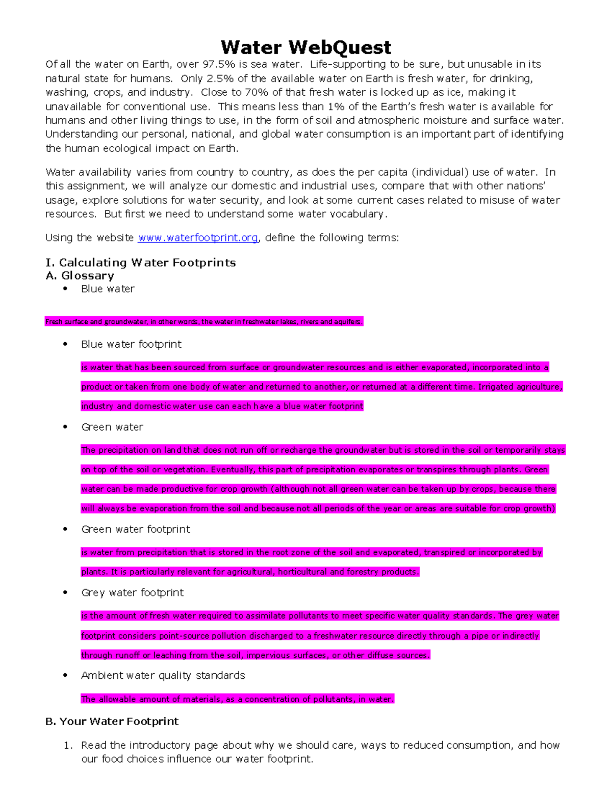 Water+Web Quest - ... - Water WebQuest Of all the water on Earth, over ...