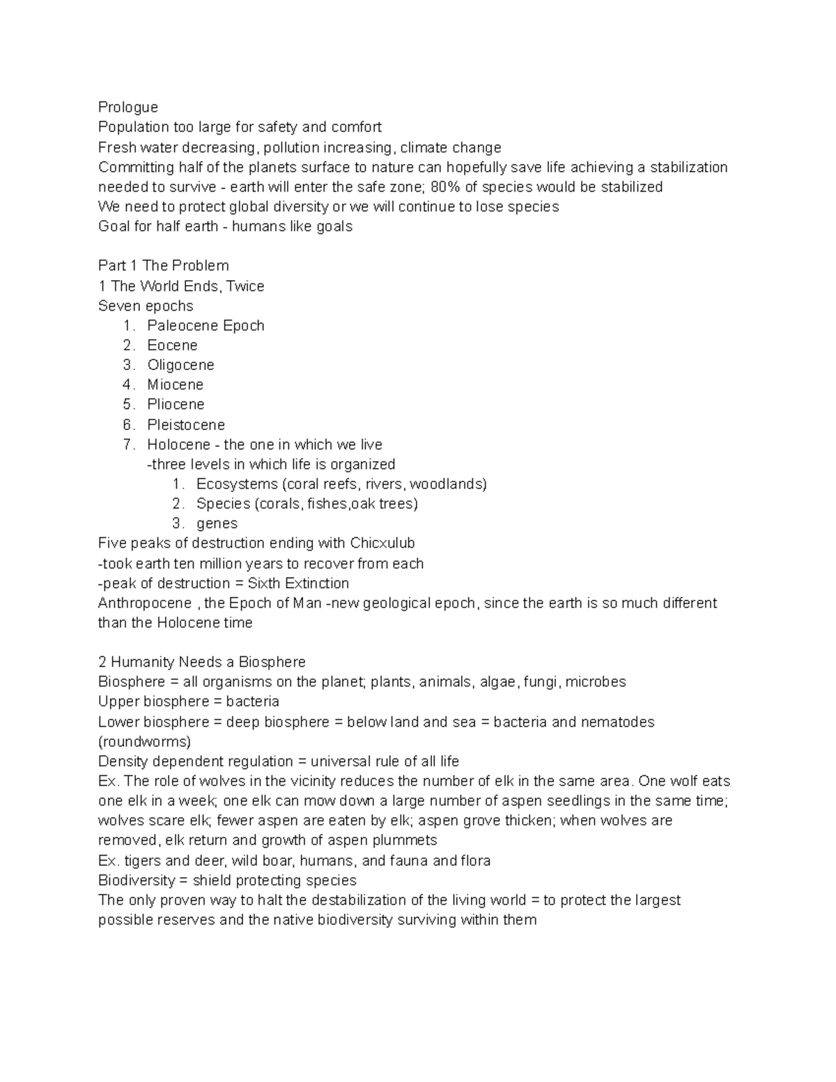 E.O. Wilson notes - Prologue Population too large for safety and ...