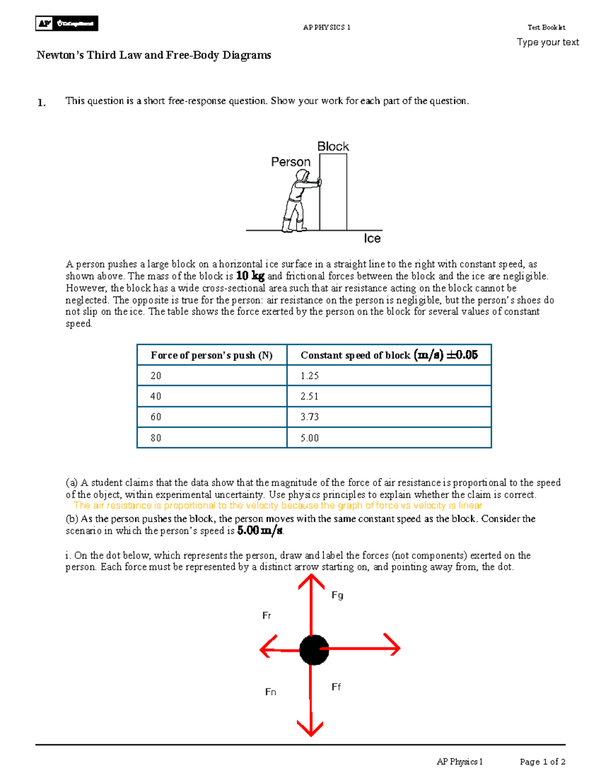 AP Physics 1 FR Newtons Third Lawand Free Body Diagrams+(1)+ - 1. A ...