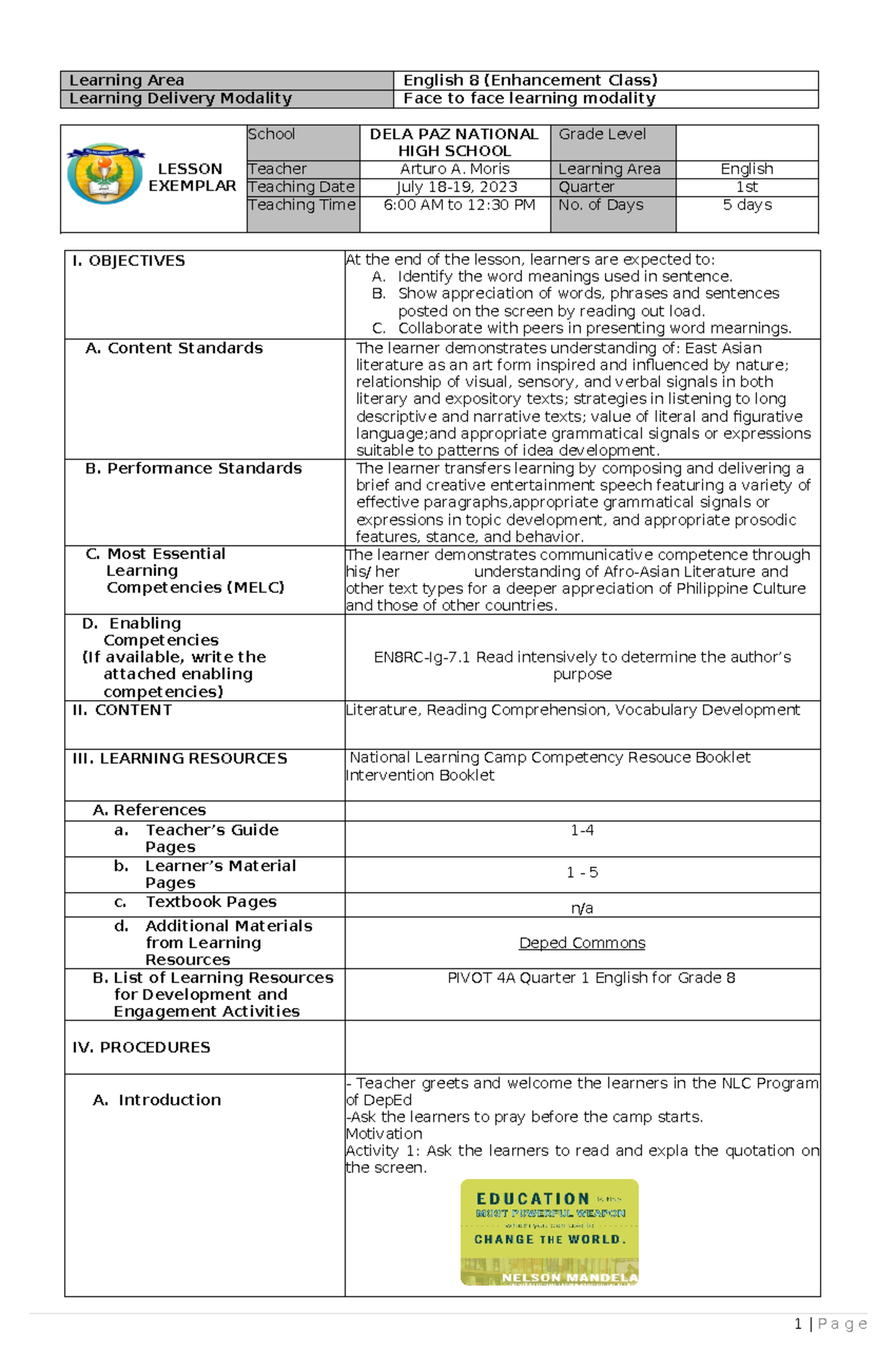 Exemplar for the demonstration in NLC - Learning Area English 8 ...