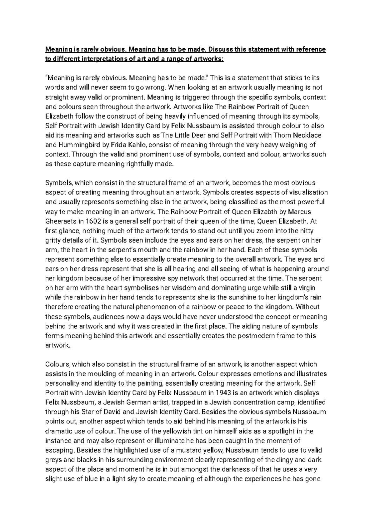 Completed Visual Arts 12 Marker Meaning in Artworks - Meaning is rarely ...