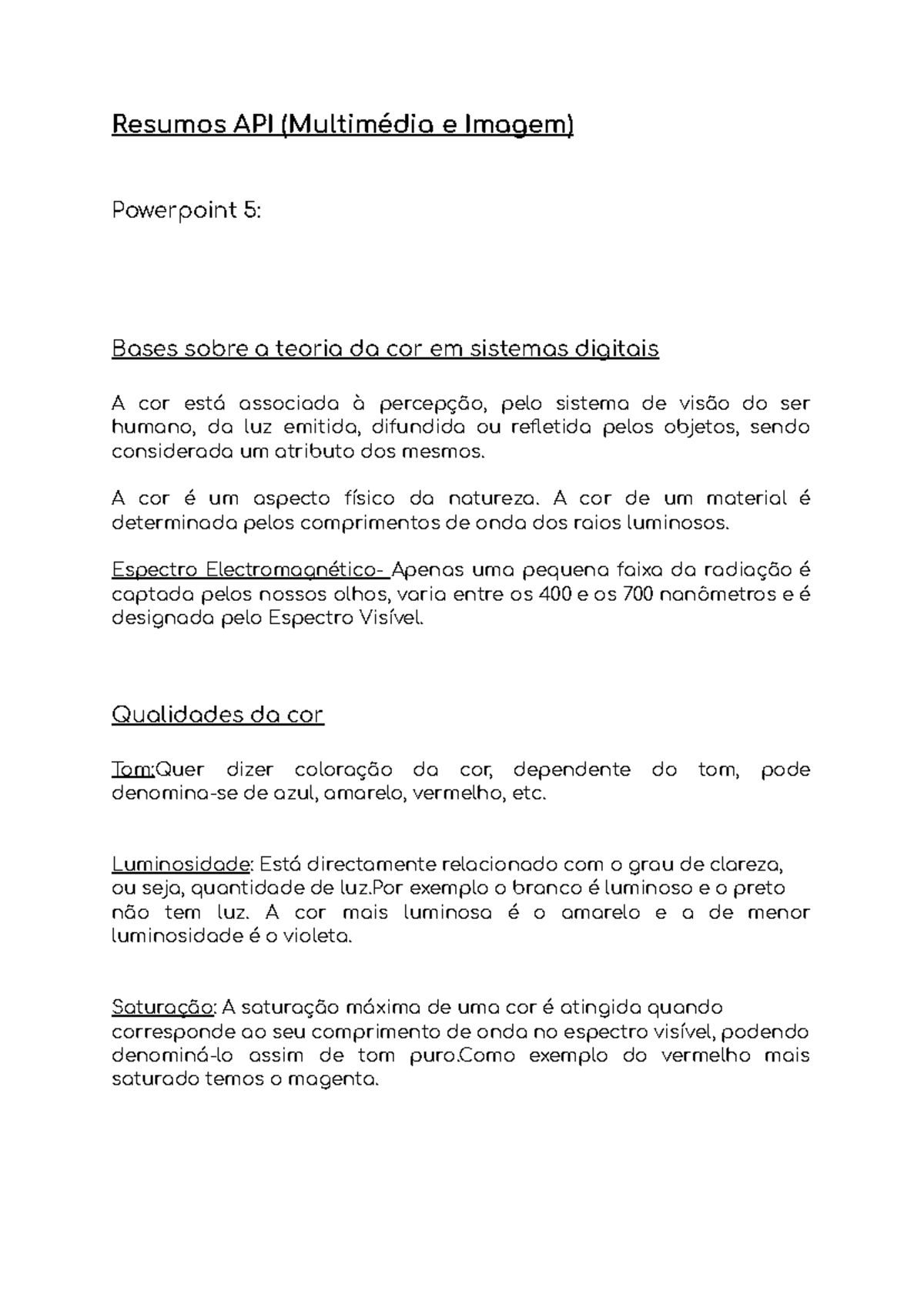 API-PP5 - Resumos sobre foto-imagem - Resumos API (Multimédia e Imagem) Powerpoint 5: Bases ...