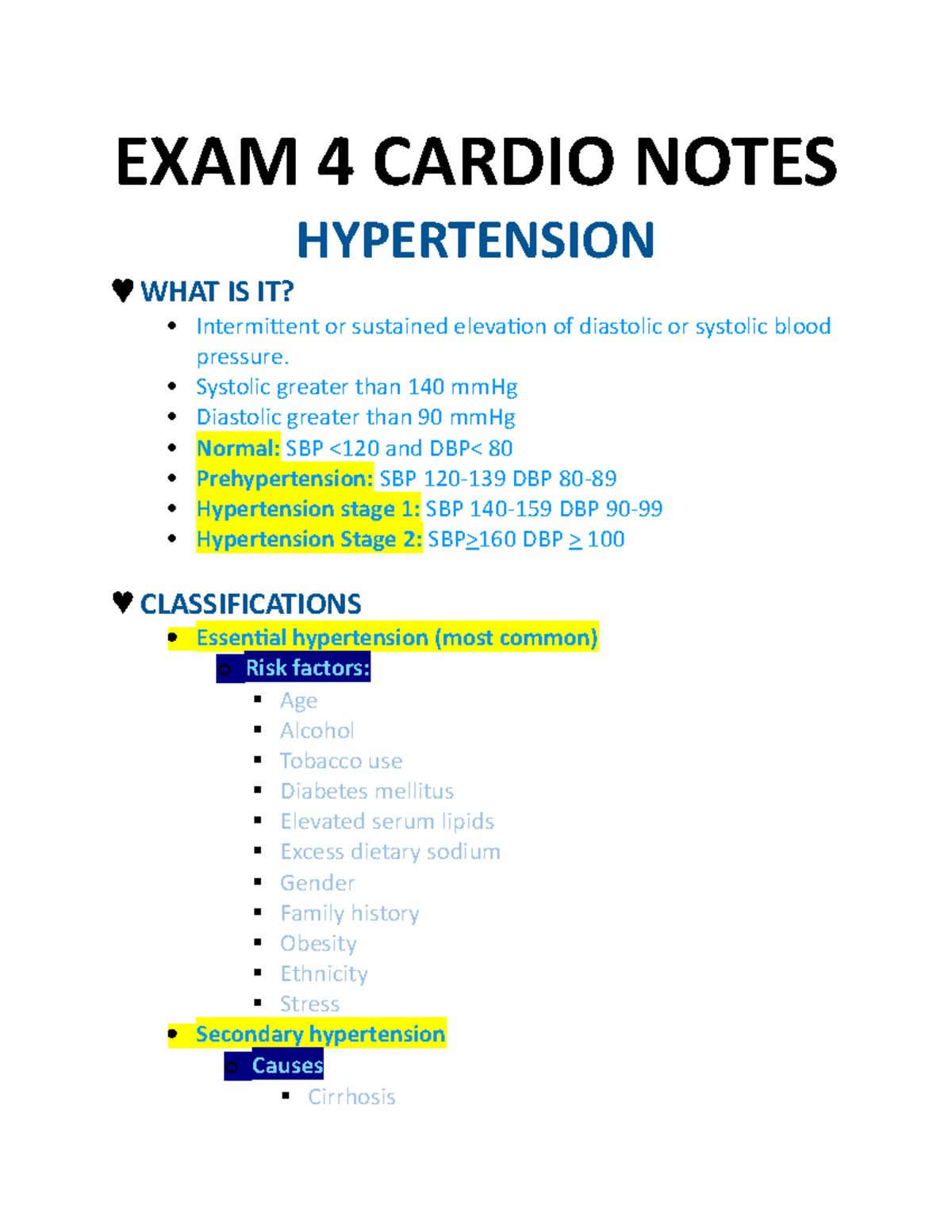 EXAM 4 Cardio Notes - EXAM 4 CARDIO NOTES HYPERTENSION WHAT IS IT ...