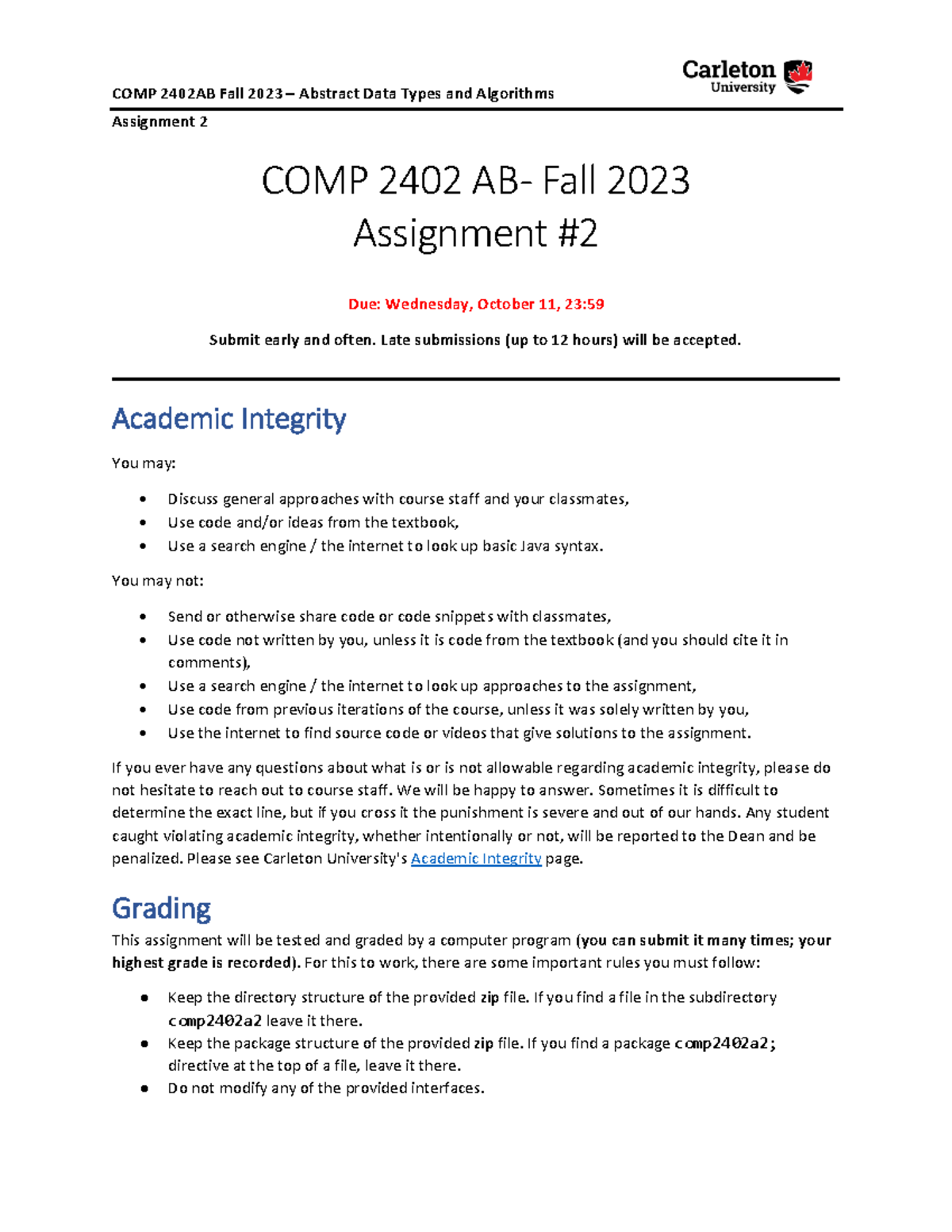 A2-COMP2402-Fall-2023 - Assignment 2 COMP 240 2 AB- Fall 202 3 Assignment # 2 Due: Wednesday ...