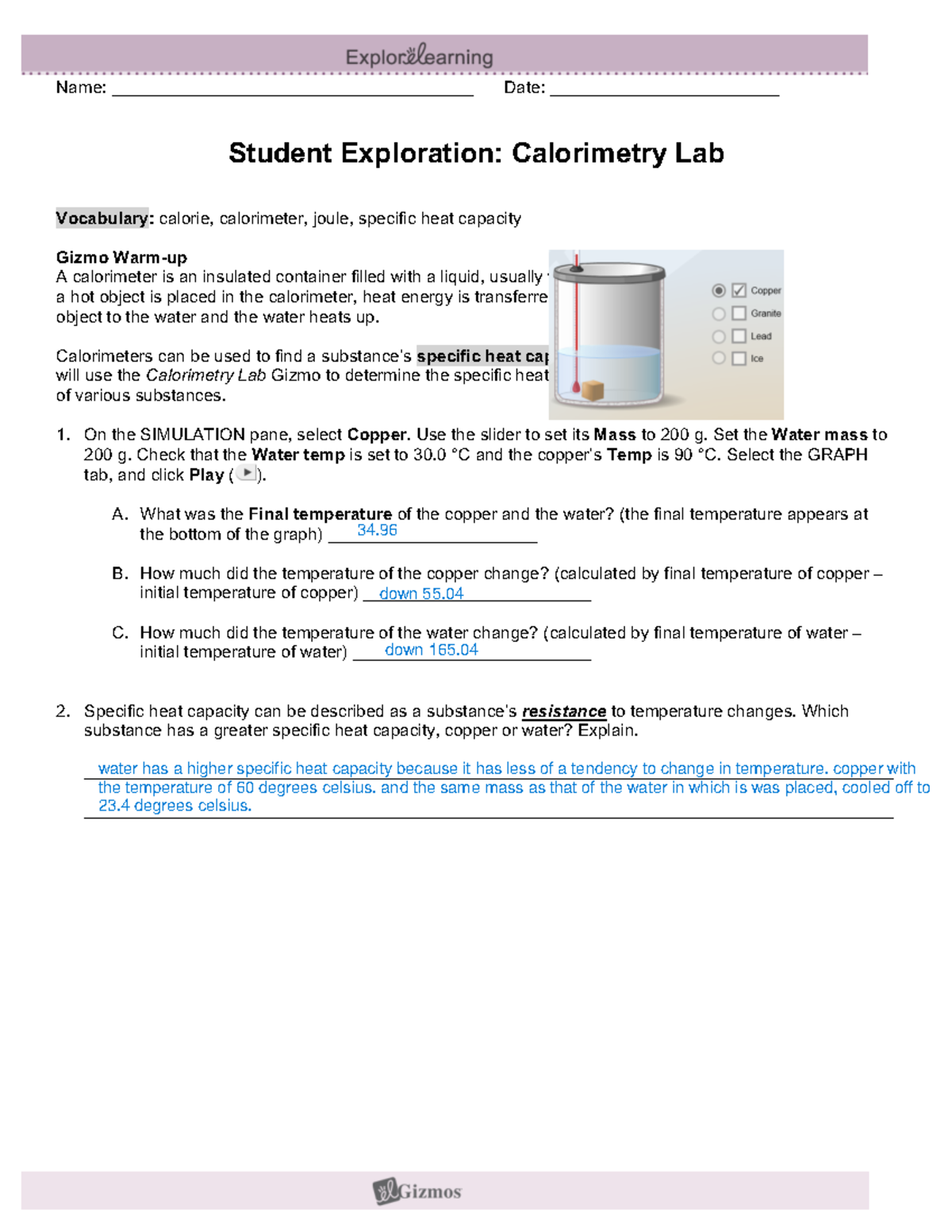 Calorimetry Lab SE - Name: ______________________________________ Date