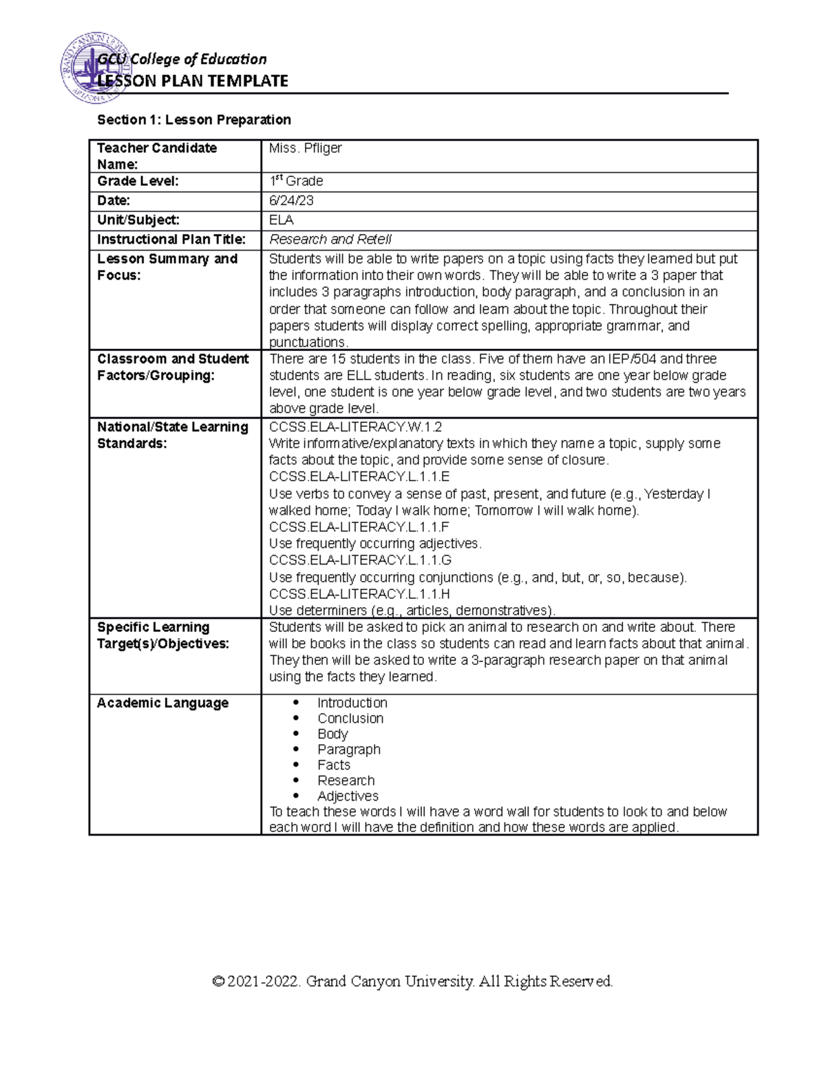 ELM-480 W4 Grammar and Writing - LESSON PLAN TEMPLATE Section 1: Lesson ...