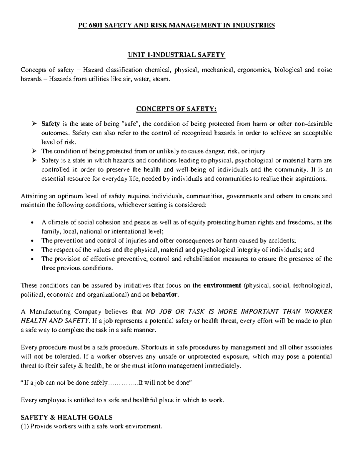 Safety Notes - Usefull - PC 6801 SAFETY AND RISK MANAGEMENT IN ...