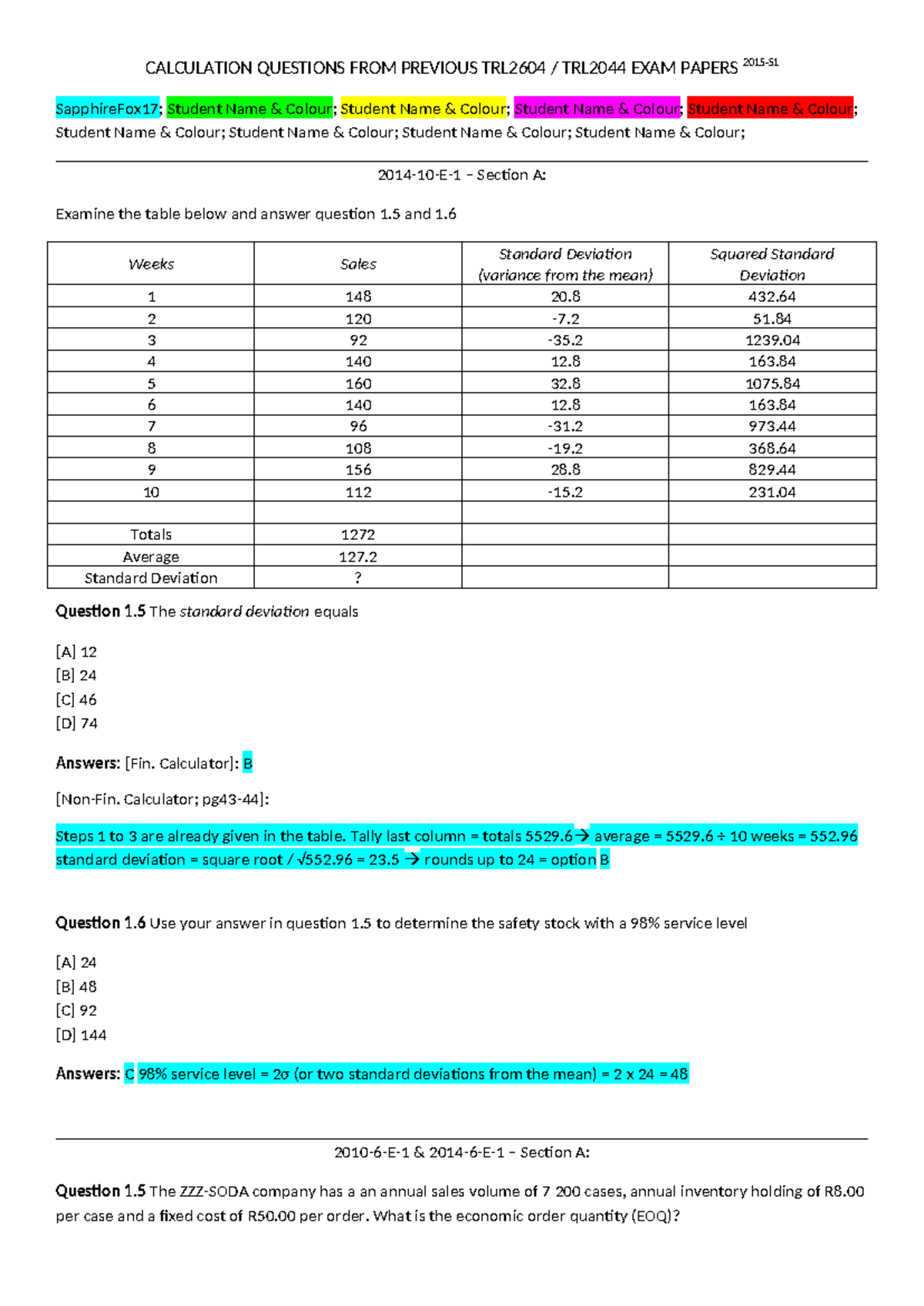 TRL2604-calculation questions from previous- exams - CALCULATION ...