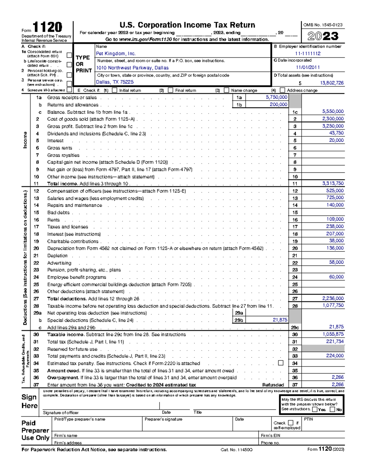 ACCT 441 Pet Kingdom Inc Form 1120 - Form 1120 Department of the ...