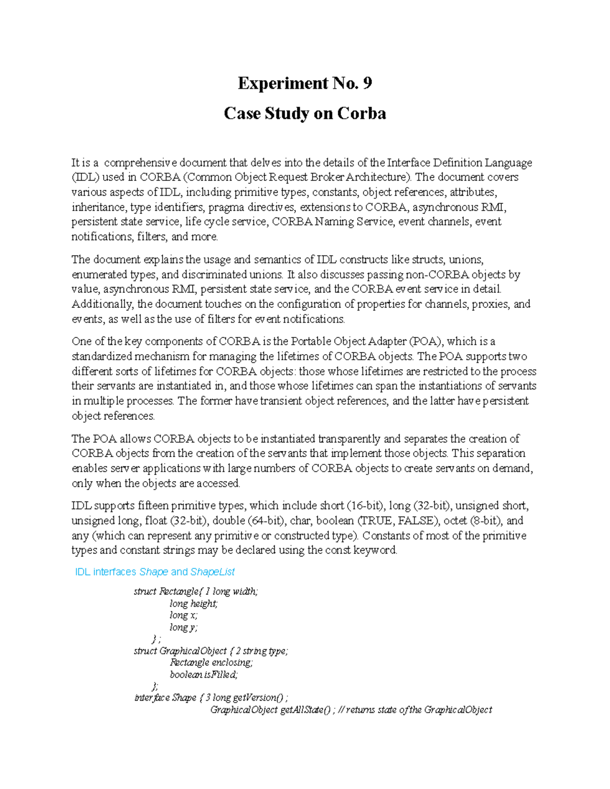 Case Study on Corba - Experiment No. 9 Case Study on Corba It is a comprehensive document that ...