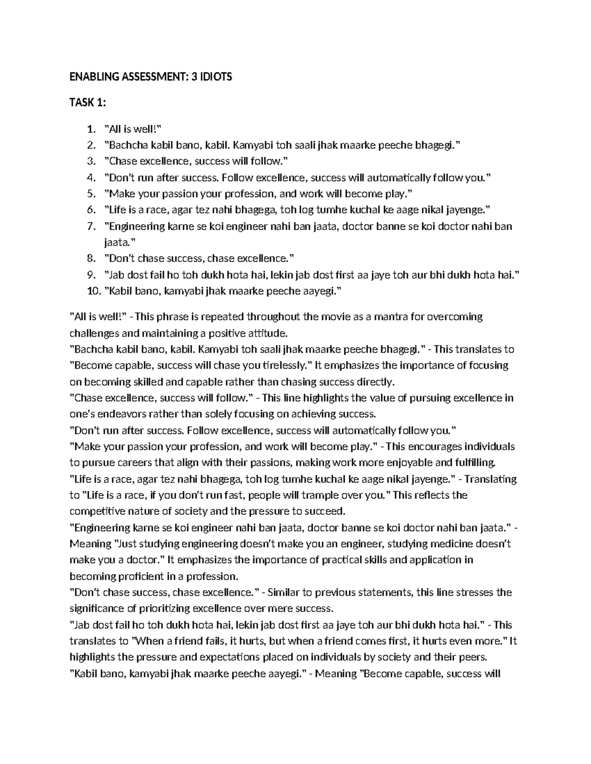 Enabling Assessment (3 idiots) - ENABLING ASSESSMENT: 3 IDIOTS TASK 1 ...