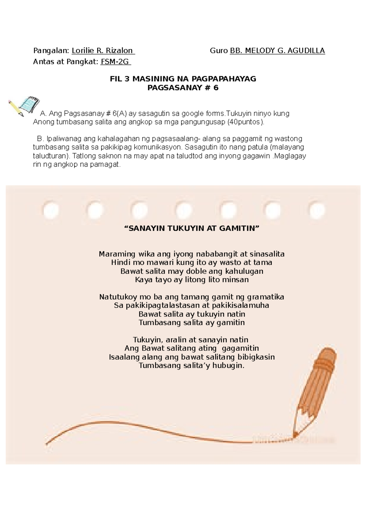 Pagsasanay-6 - Knowledge - Pangalan: Lorilie R. Rizalon Guro BB. MELODY ...